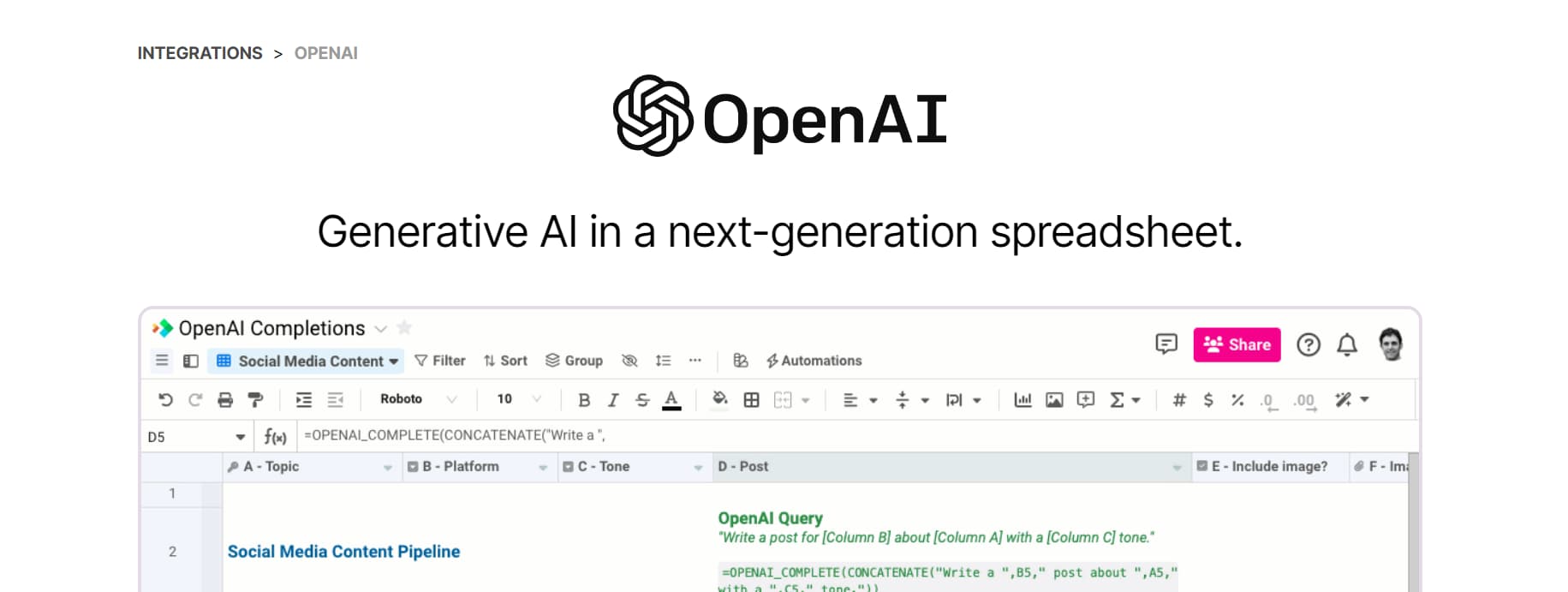 OpenAI In Spreadsheet